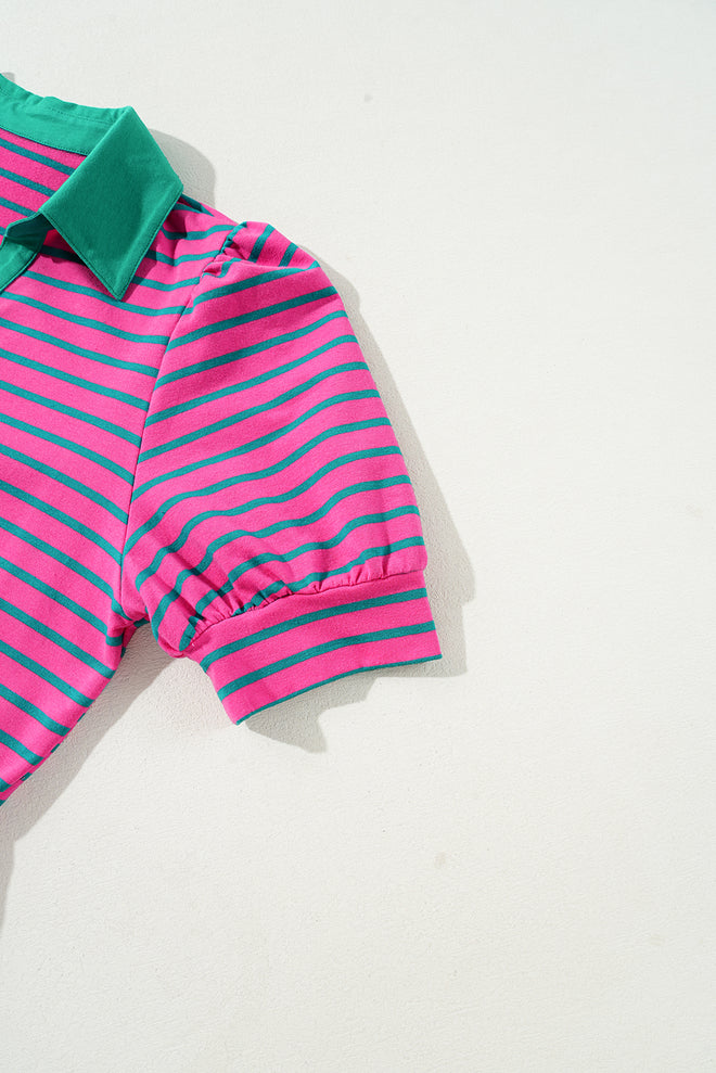 Pink Stripe Collared Puff Sleeve Pop of Color Neckline T Shirt Dress ...