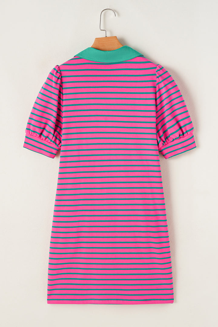 Pink Stripe Collared Puff Sleeve Pop of Color Neckline T Shirt Dress ...