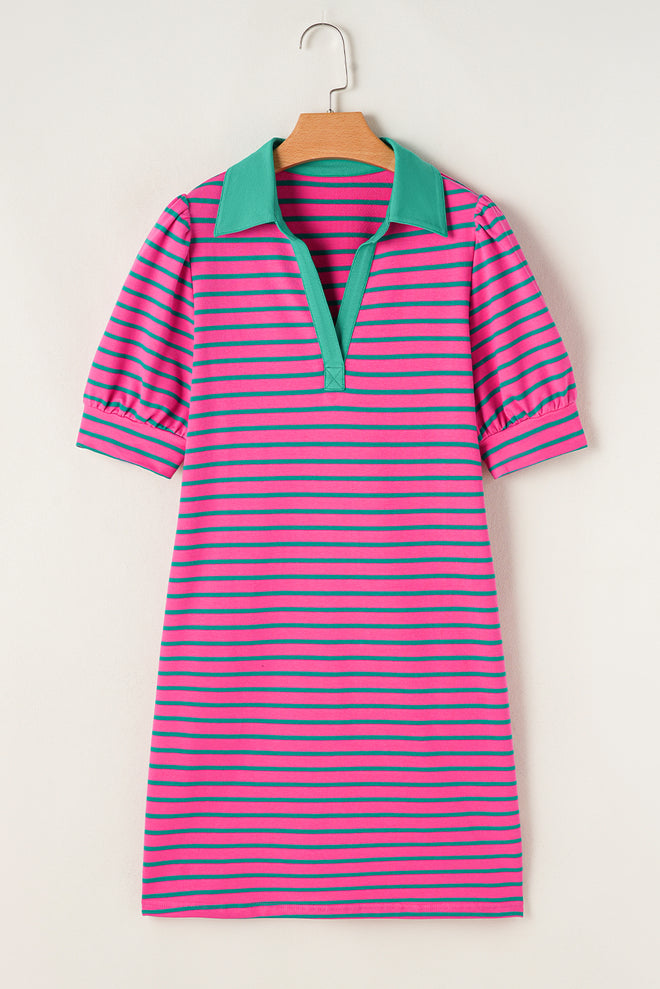 Pink Stripe Collared Puff Sleeve Pop of Color Neckline T Shirt Dress ...